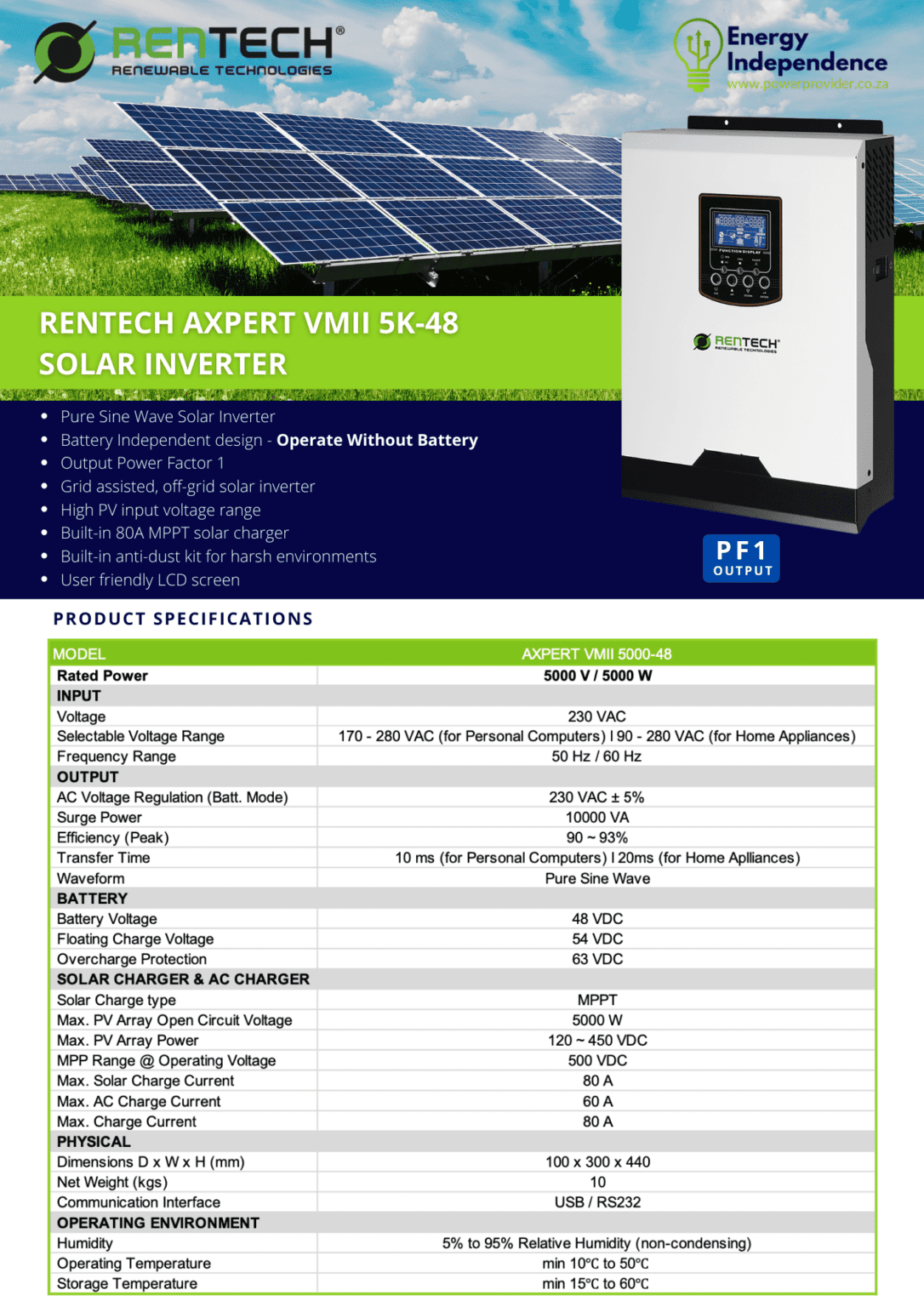 Rentech Axpert Vmii 5K 48 Off Grid Inverter With Mppt | Energy Independence